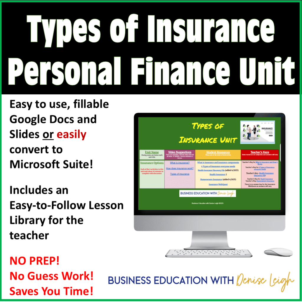 Types Of Insurance Unit - Personal Finance Class Digital Activities ...